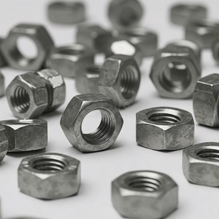 Metal Nuts and Bolts on a White Background. Shallow Depth of Field ...