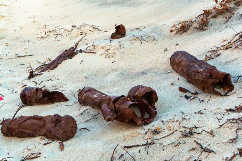 Rusty Debris on the Beach, Metal Objects on the Sand Stock Photo ...