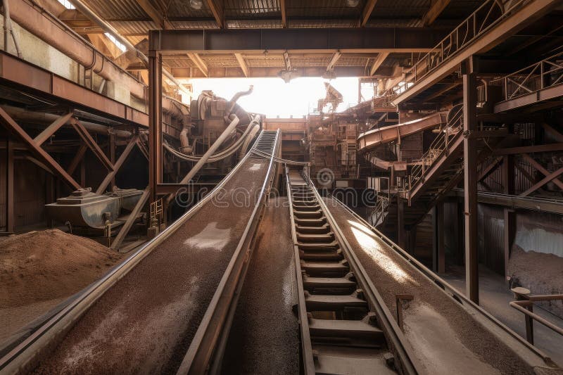 Metal Ore Processing Plant, with Loaders and Conveyors Moving Materials ...