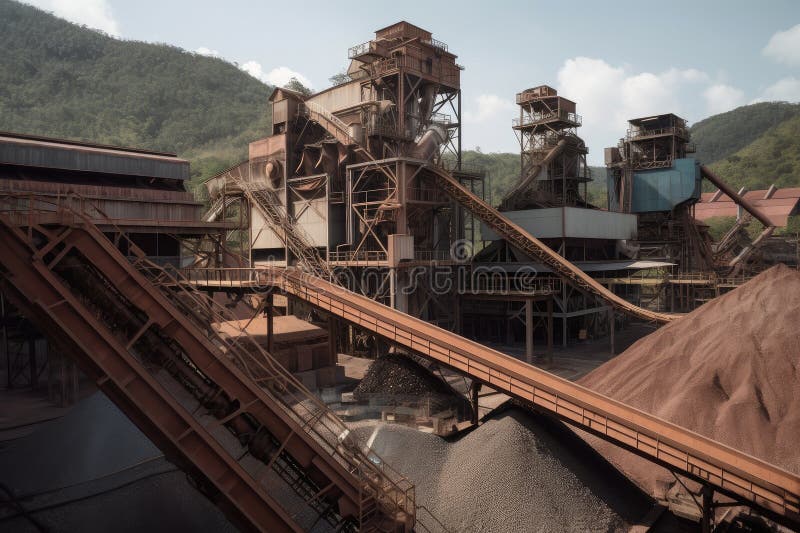 Metal Ore Processing Plant, with Loaders and Conveyors Moving Materials ...