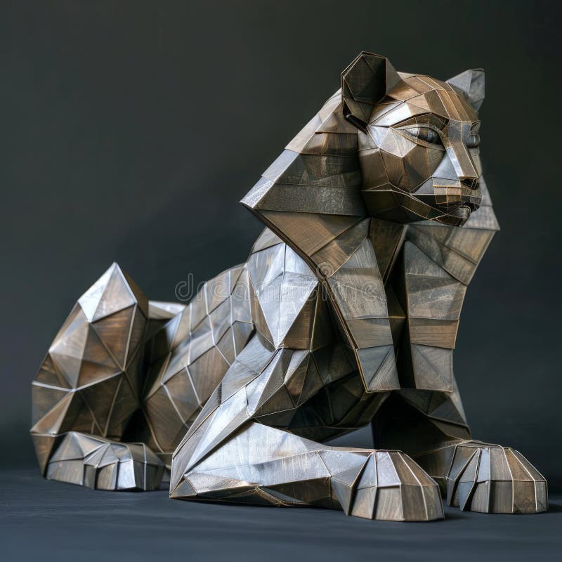 A Metal Origami Sphinx Lying Regally, Its Form Composed of Angular ...