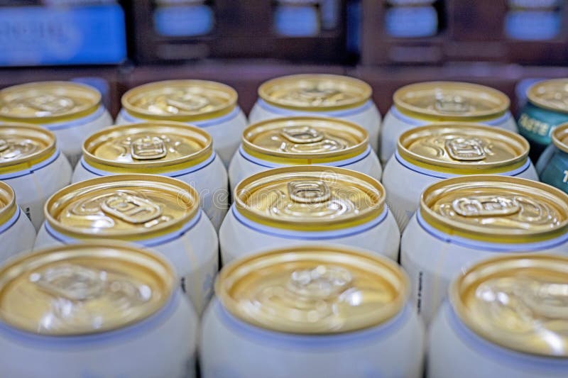 Metal Packaging with Beer, Top View. Beer Day. Stock Image - Image of ...