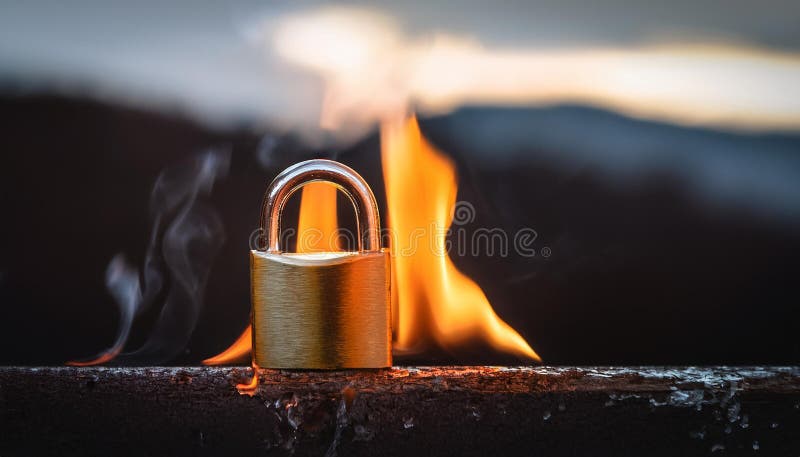 Metal Padlock Consumed by Flame. Hot Fire. Dark Backdrop Stock ...