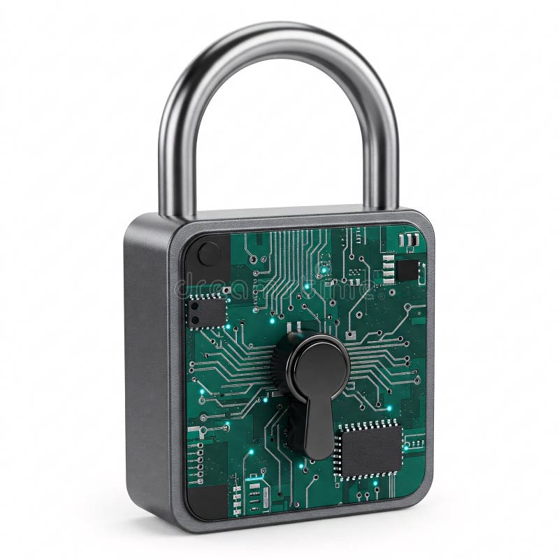 A Metal Padlock Featuring a Digital Circuit Board with Green Light ...