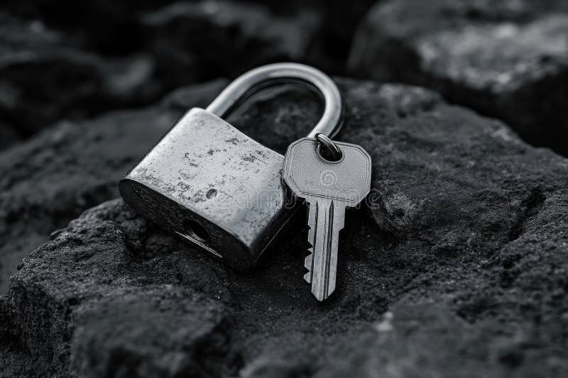 Metal Padlock and Key on Rock Stock Illustration - Illustration of ...