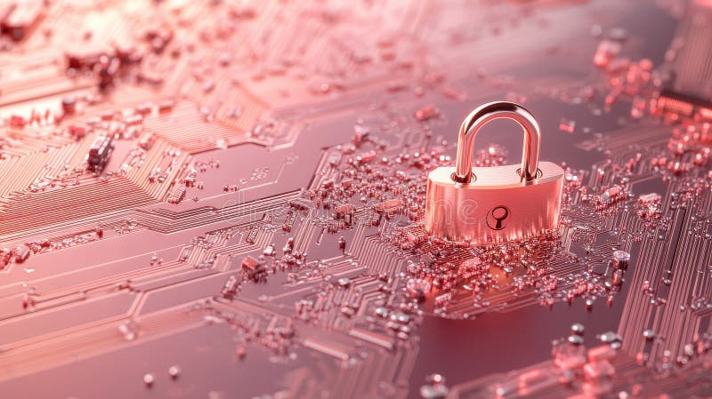 Metal Padlock Securely Placed on a Complex Pink Circuit Board Promoting ...