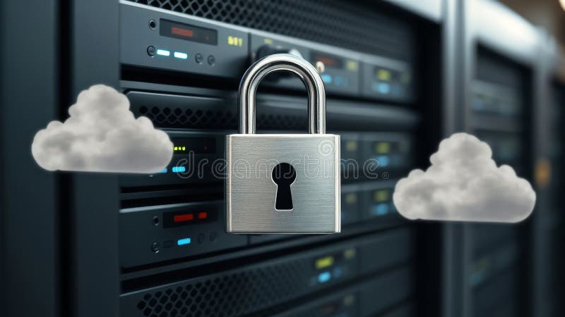 Metal Padlock Securing Cloud Computing on Server Rack, Concept of Cybersecurity and Data ...