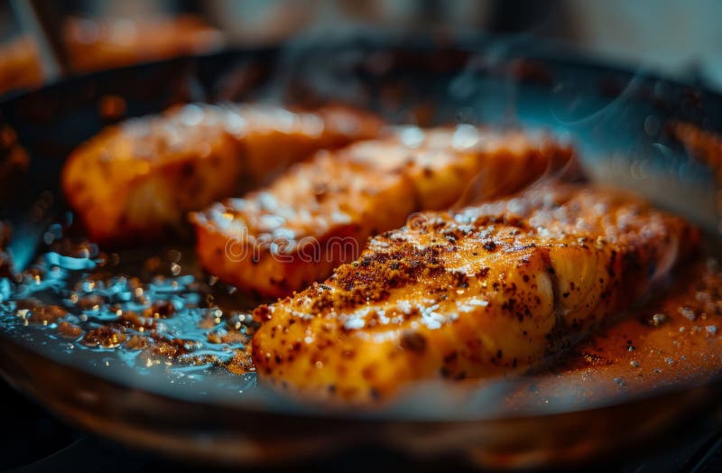 A Metal Pan with Three Pieces of Fish Covered in a Spice Coating Stock ...