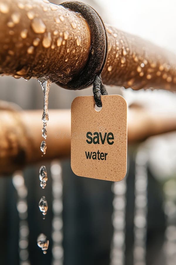 Metal Pipe with Water Drops. Brown Label Hangs with Text: Save Water ...