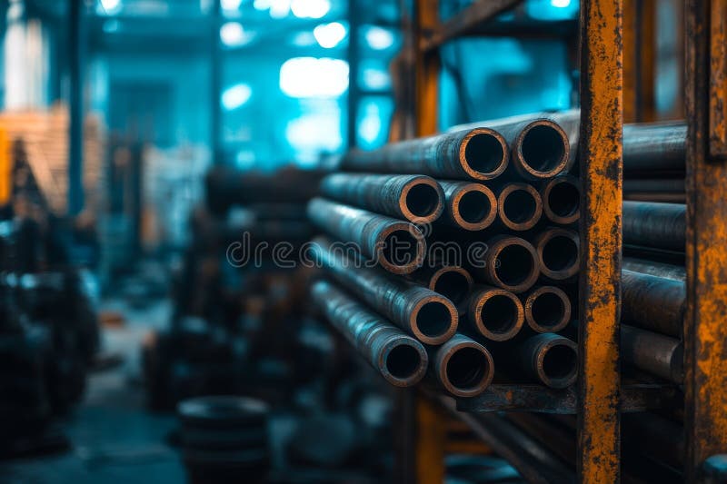 Stack of Metal Pipes Resting on Yellow Rack in Industrial Warehouse ...