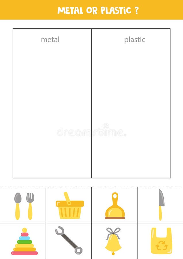 Sort Objects into Metal or Plastic. Worksheet for Kids. Stock Vector ...