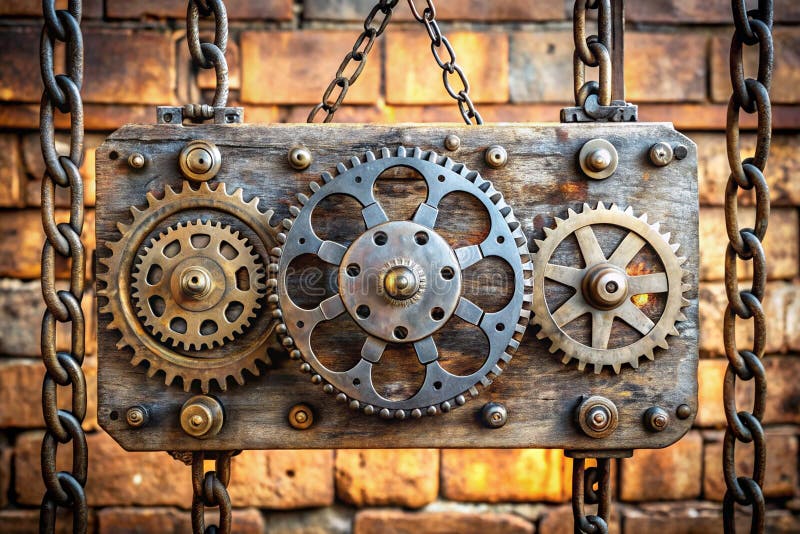Metal Plate Hanging on Chains Over Medieval Gears and Cogs Stock ...