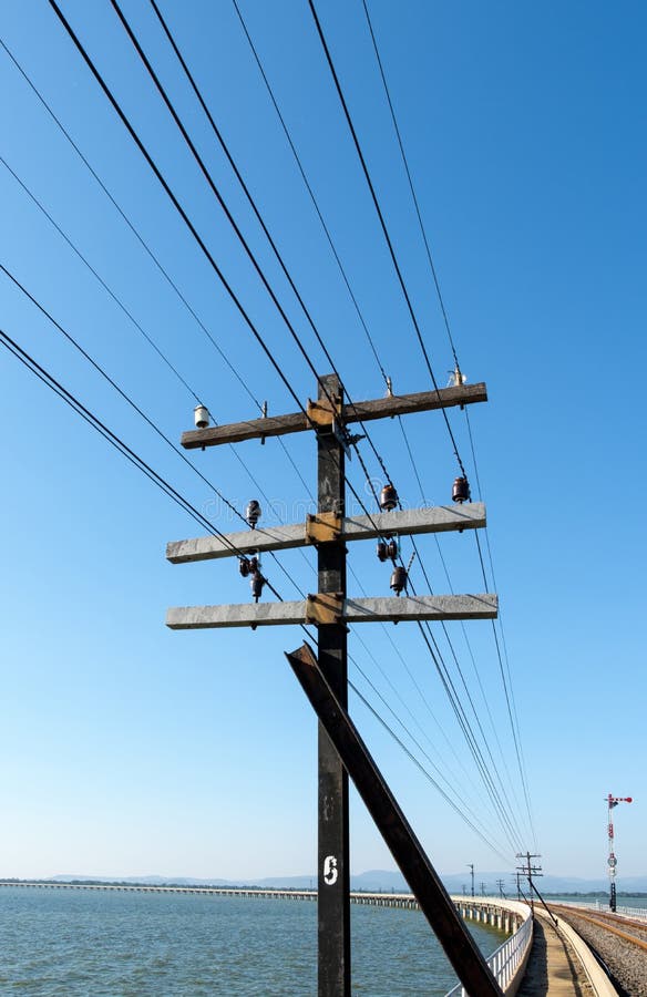 The Metal Pole of the Telegraph Network System on the Concrete Bridge ...