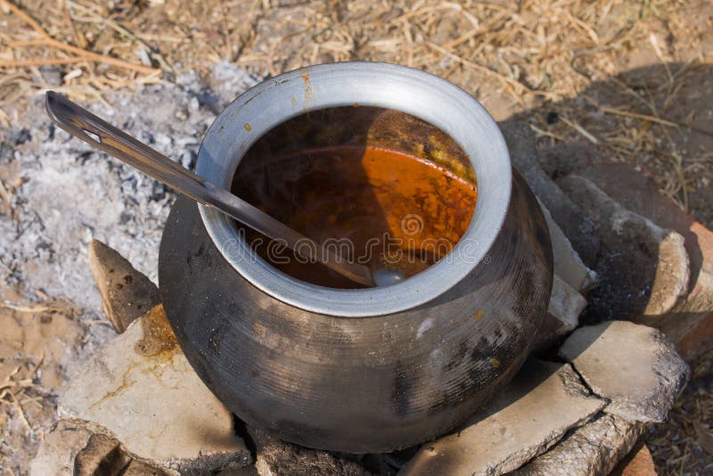 Metal Pot with Food on Fire, India Stock Image - Image of india, color ...
