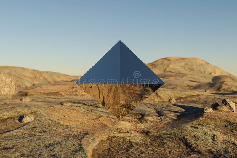 Single Metal Prism Pyramid Cube Hovering in the Air in Large Empty ...