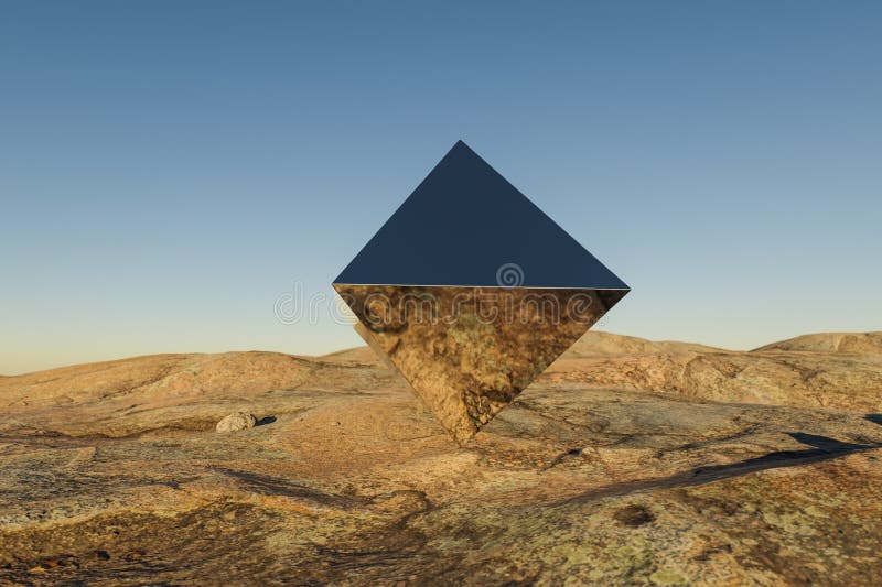 Single Metal Prism Pyramid Cube Hovering in the Air in Large Empty ...