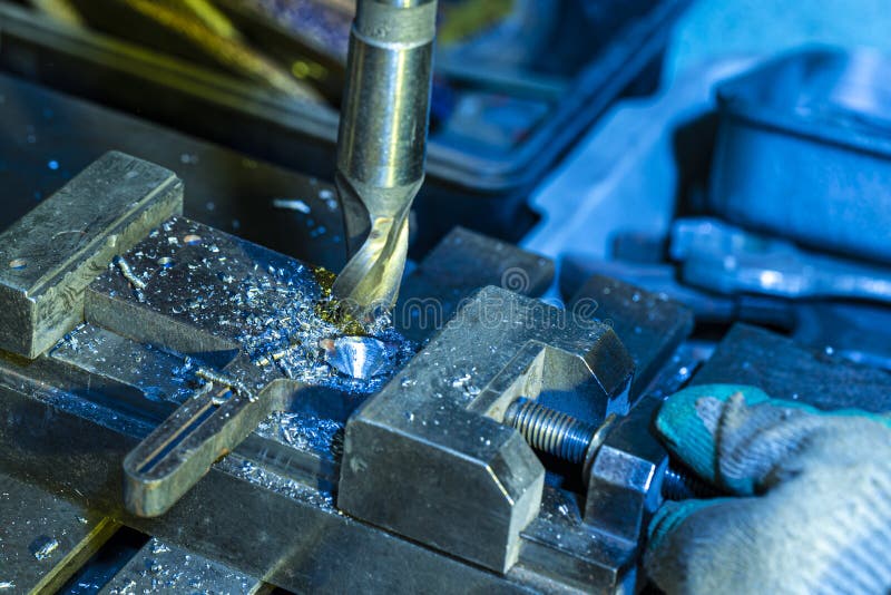 Metal Processing Concepts. Professional Fitter Man Using Metal Drilling ...
