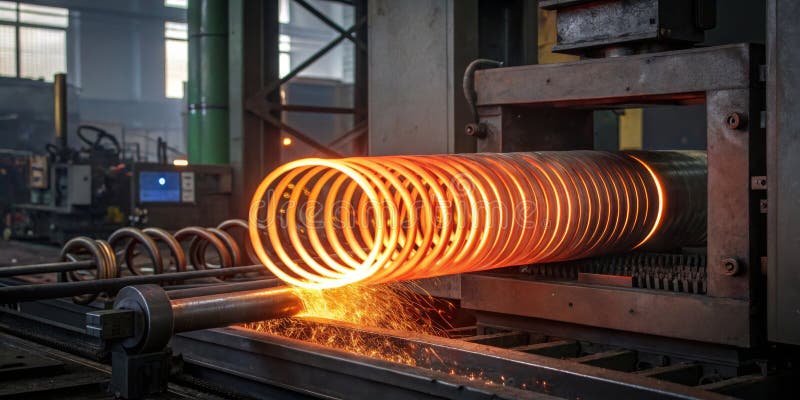 Metal Processing in a Factory Shows Glowing Coil Being Shaped by Heavy ...