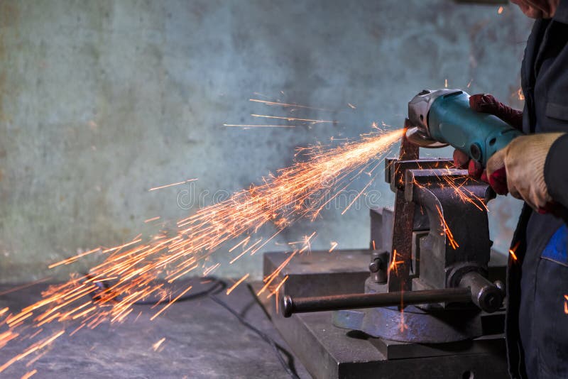Metal Processing. Man Fitter in Protective Gloves and Uniform with ...