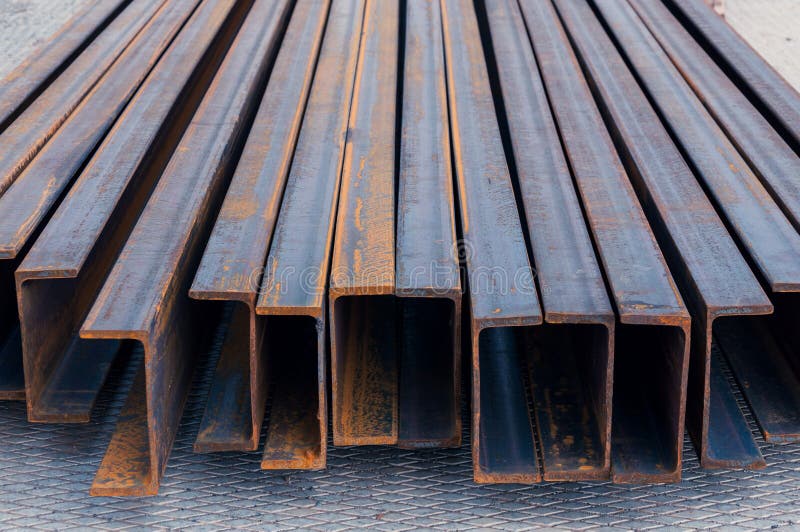 Metal Profile Beam in Packs at the Construction Site. Material for ...