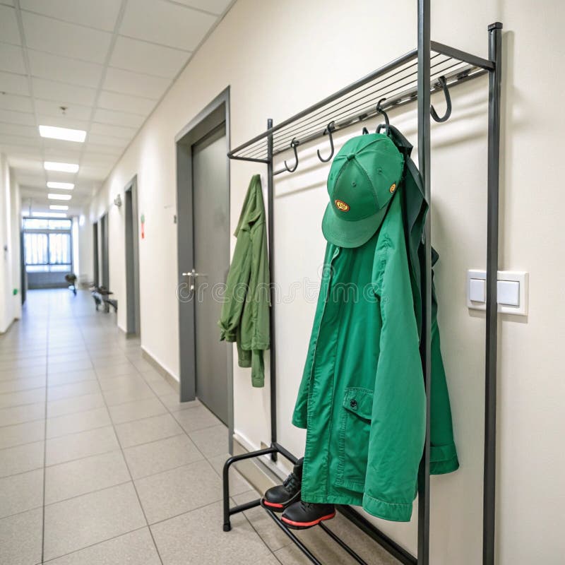 Metal Rack with Green Coat and Cap in Hallway Stock Illustration ...