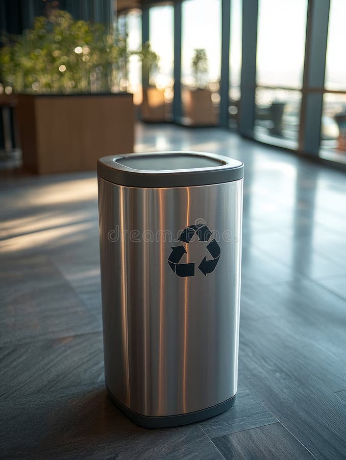 Metal Recycling Bin in Modern Sunlit Office Interior. Stock Image ...