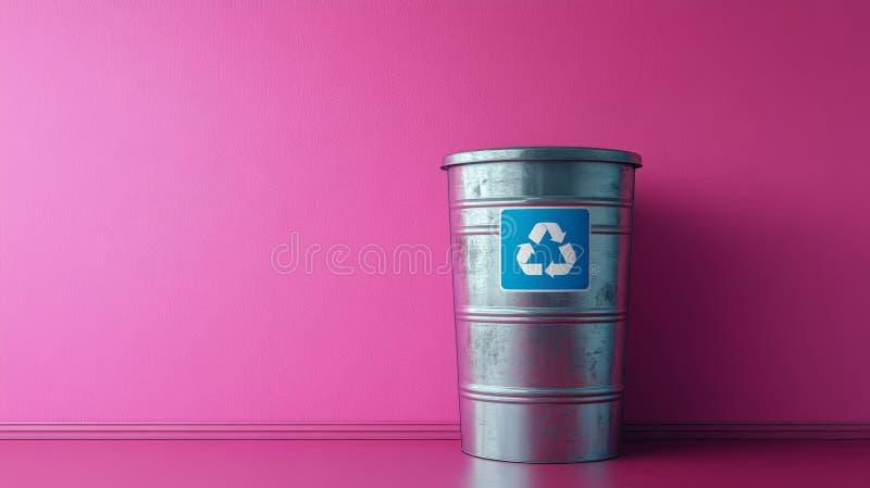 Metal Recycling Bin on Pink Background with Recycle Symbol. Stock Photo ...