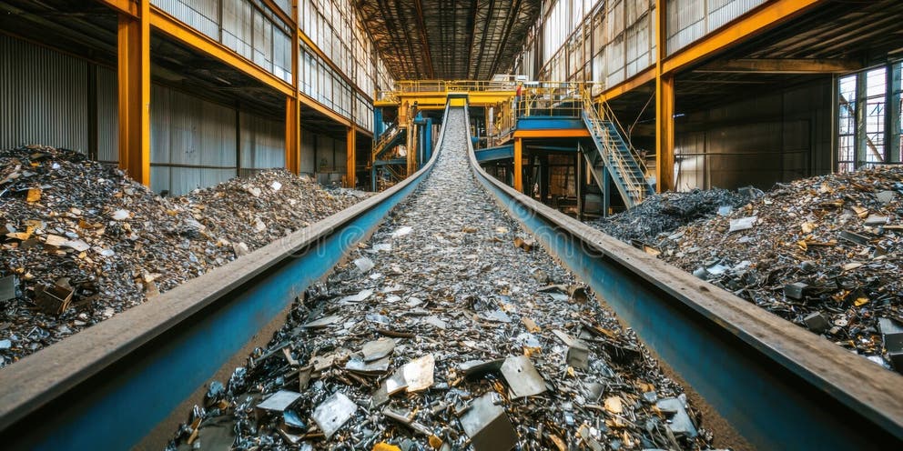 Metal Recycling Facility Showing Conveyor System Transporting Scrap ...