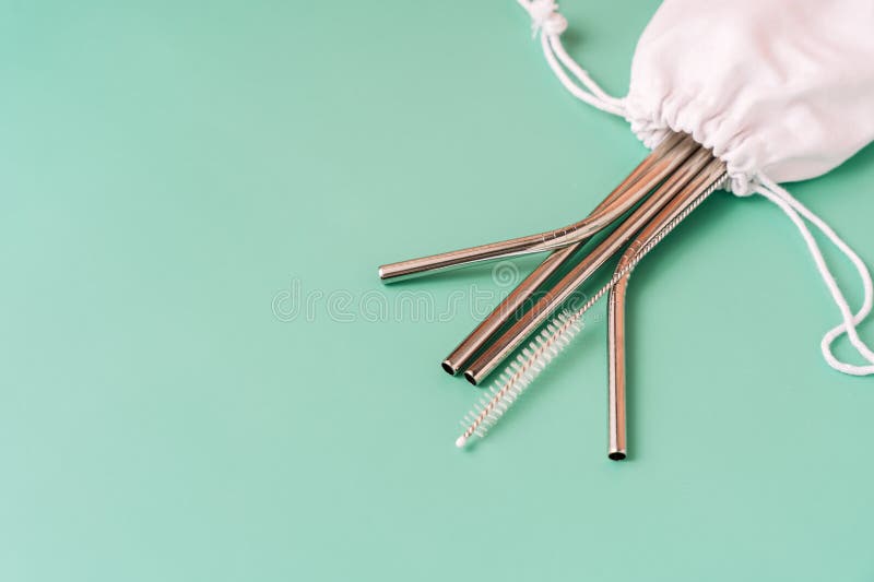Metal Reusable Straws with Brushes in a White Case on Green Background ...