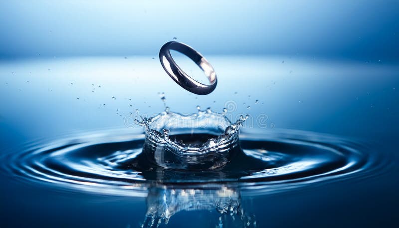 Metal Ring Splashing into Water with Blue Tones and Reflection for Symbolic and Elegant Branding ...