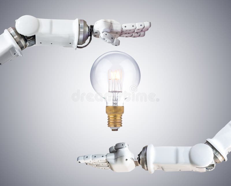 The Metal Robot Hand with Light Bulb Stock Photo - Image of concept ...