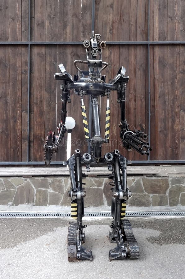 Metal Robot on the Street. Iron Sculpture. Full Growth. Stock Image ...