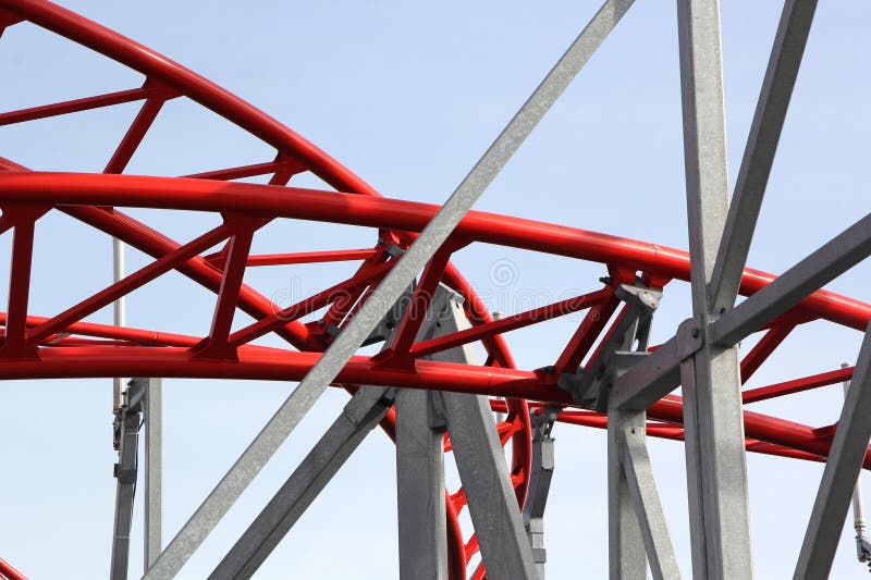 Metal Roller Coaster Close Up with Red Rails Stock Image - Image of ...