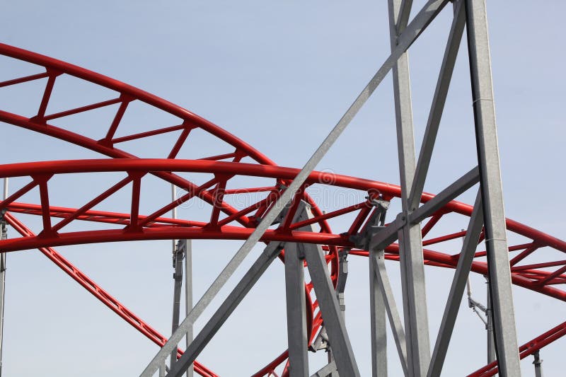 Metal Roller Coaster Close Up with Red Rails Stock Image - Image of ...