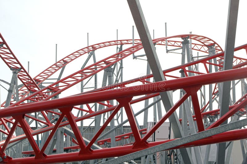 Metal Roller Coaster Close Up with Red Rails Stock Photo - Image of ...