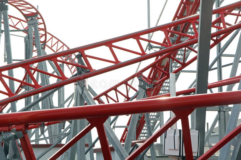 Metal Roller Coaster Close Up with Red Rails Stock Photo - Image of ...