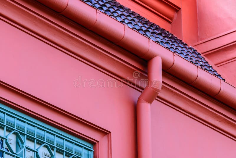 Metal Roof Gutter in Red Color Stock Image - Image of eaves, steel ...
