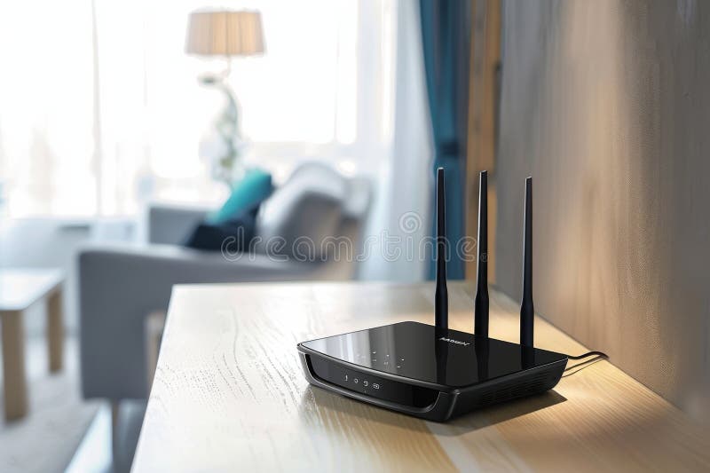 Metal Router on Wooden Table in Living Room with Grey Floor Stock Image ...
