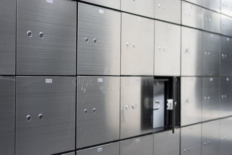 Metal Safe Box Panel Wall with Open One. Stock Photo - Image of ...