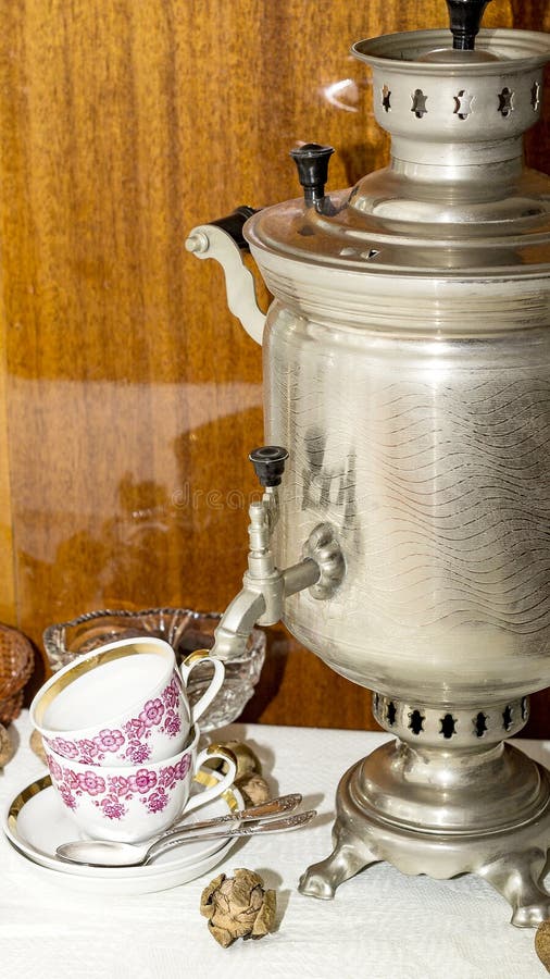 Metal Samovar and Tea Cups with Spoons Stock Photo - Image of ...