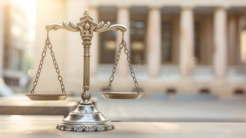 A Metal Scale of Justice Set Against the Backdrop of a Courthouse ...