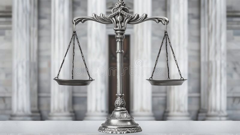 A Metal Scale of Justice Set Against the Backdrop of a Courthouse ...