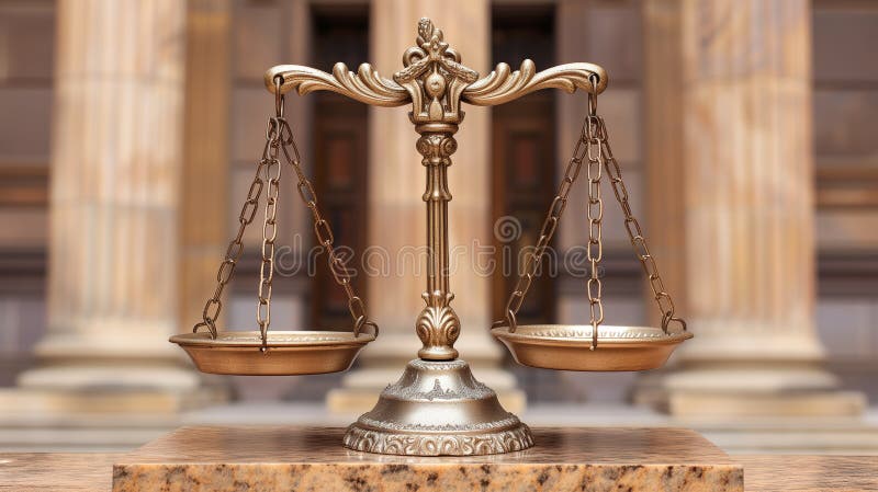 A Metal Scale of Justice Set Against the Backdrop of a Courthouse ...