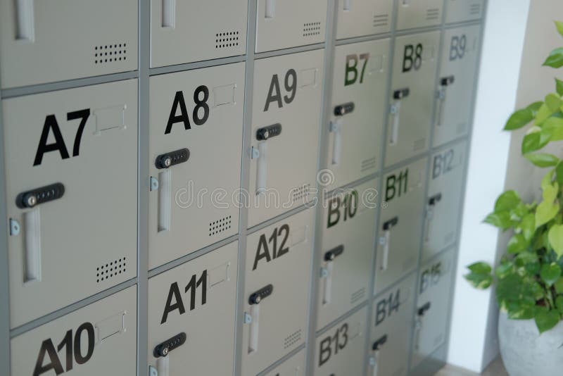 Metal School Lockers in Locker Room Stock Photo - Image of closet ...