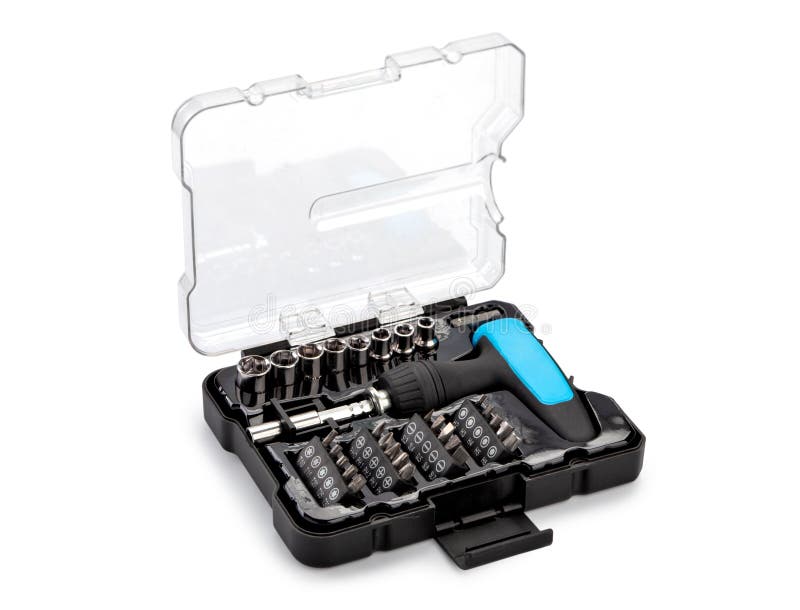 Metal Screwdriver Bit Set in Plastic Box Isolated on White Stock Photo ... Metal Screwdriver Bit Set in Plastic Box Isolated on White Stock Photo ...