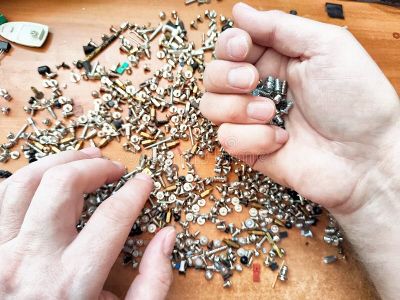 Hands Sorting through an Extensive Collection of Metal Screws and ...