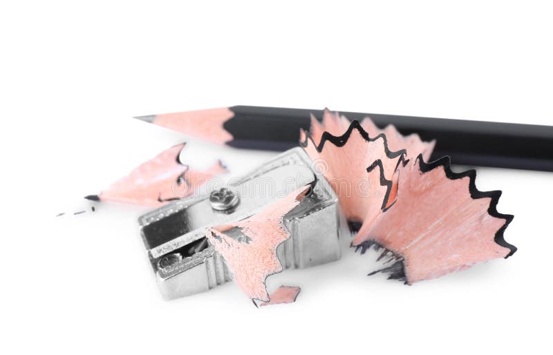 Metal Sharpener with Shavings and Pencil on White Background Stock ...
