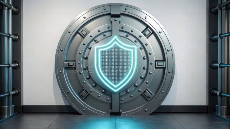 Metal Shield Illuminated with Blue Lights Symbolizing Secure Digital ...