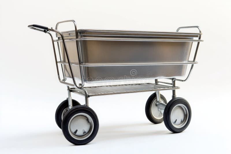A Metal Shopping Cart with Rolling Wheels on a Clean White Background ...