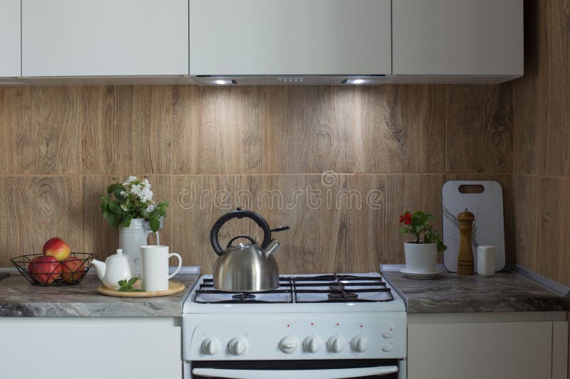 Metal Silver Kettle Gas Stove Teapotwith Cup Kitchen Stock Photos ...